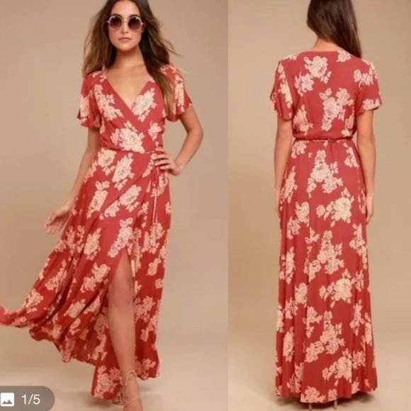 Lulus | Dresses | Lulus Heart Of Marigold Wrap Dress Floral Rust Boho ...